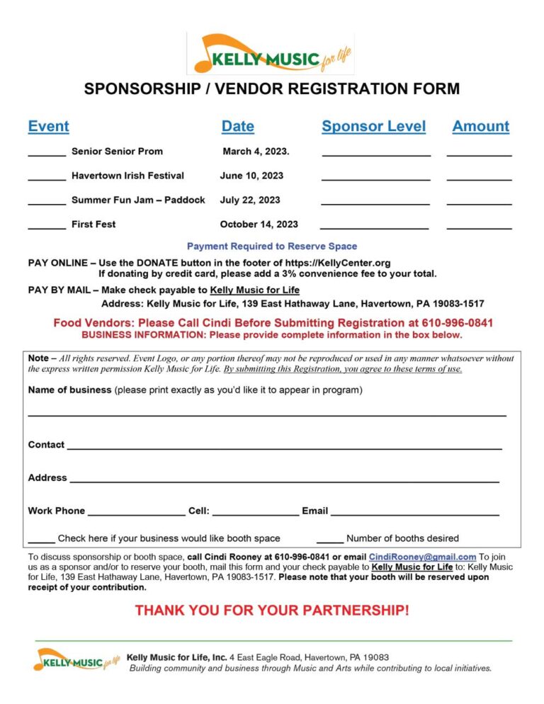 Kelly Center - First Fest Sponsorship - We appreciate your Donation